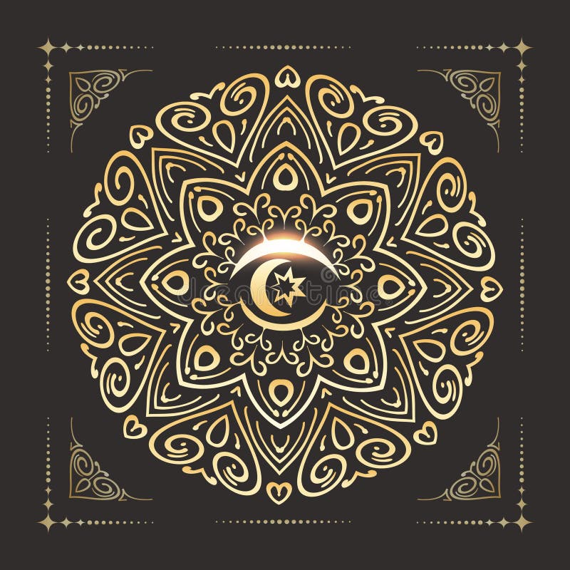 Golden Mandala with Moon and Star Inside on Black Background Stock ...
