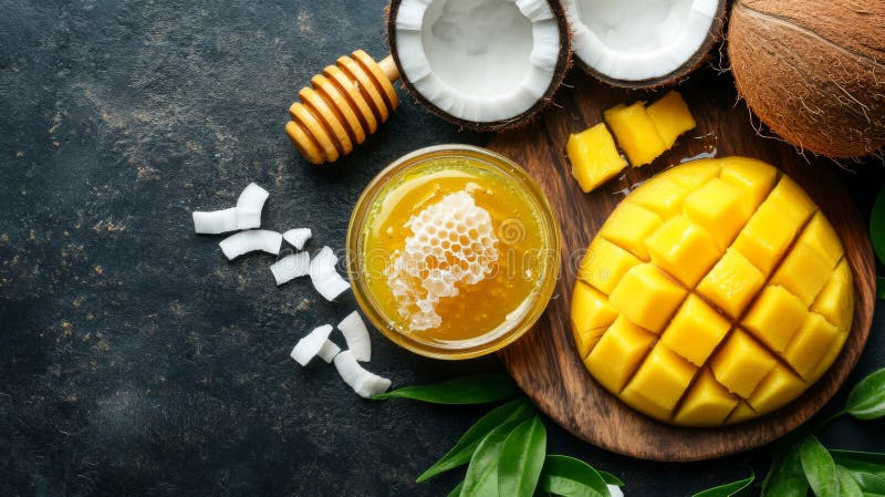 Golden Mango and Coconut with Honey on Dark Background Stock ...