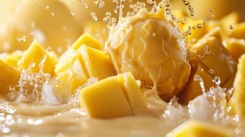 Golden Mango Ice Cream Splashing into Creamy Pulp Stock Illustration ...