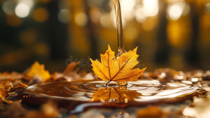 Golden Maple Leaf Falling into Water Autumn Scene Stock Illustration ...