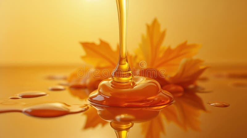 Golden Maple Syrup Dripping with Autumn Leaves Background Stock ...