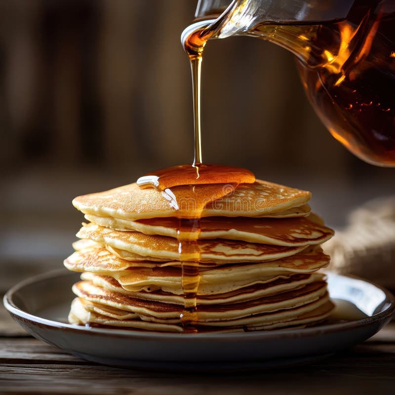 Delicious Maple Syrup Cascades Over a Warm Stack of Fluffy Pancakes on ...