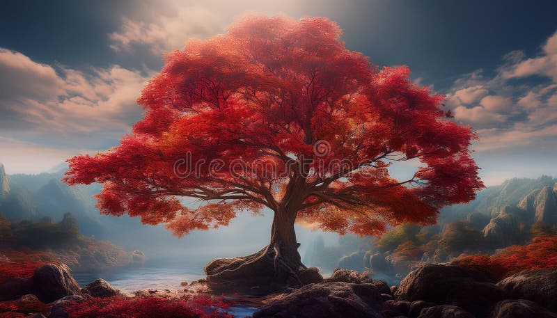 Red Maple Tree in the Landscape Background, Beauty in Nature Showing ...