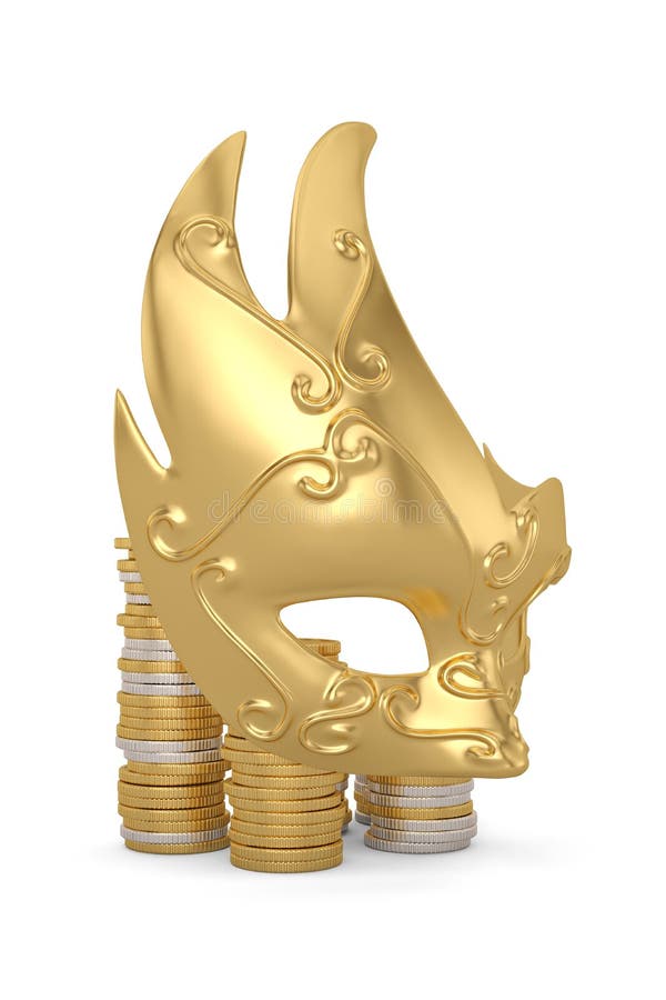 Golden Mask and Coin Stacks Isolated on White Background. 3D ...