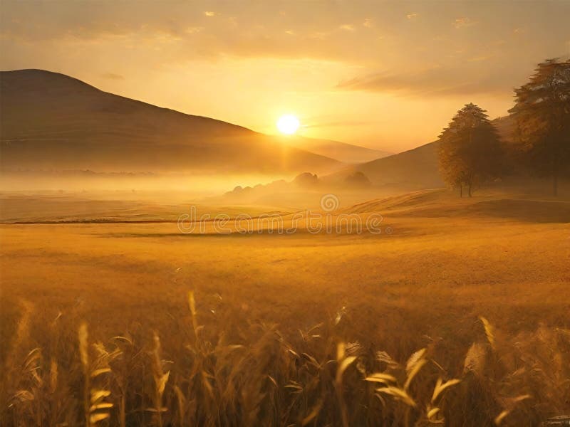 Golden Meadow at Sunrise Illustration Stock Illustration - Illustration ...