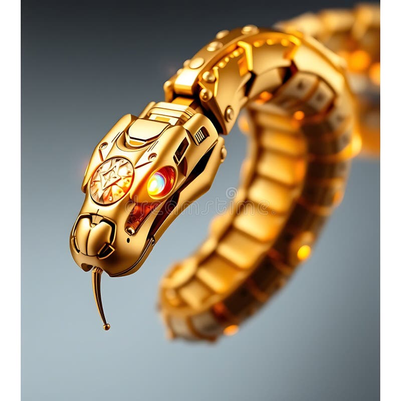 A Golden Mechanical Snake Coiled with Glowing Gemstone Eyes Stock ...