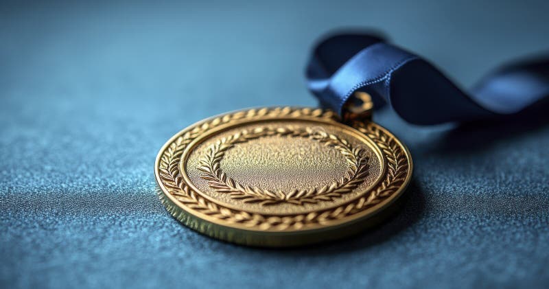 Golden Medal with Blue Ribbon on Teal Background Stock Illustration ...