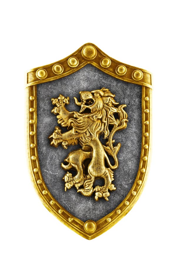 Golden Medieval Decorated Shield with Lion Isolated on White Stock ...