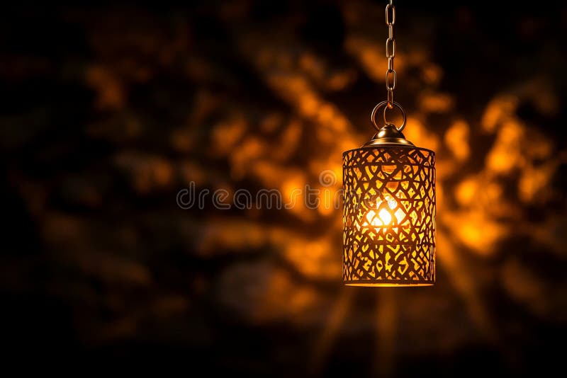 Golden Medieval Lantern Hangs from Ceiling, Casting Warm Light and Intricate Shadows. Design ...