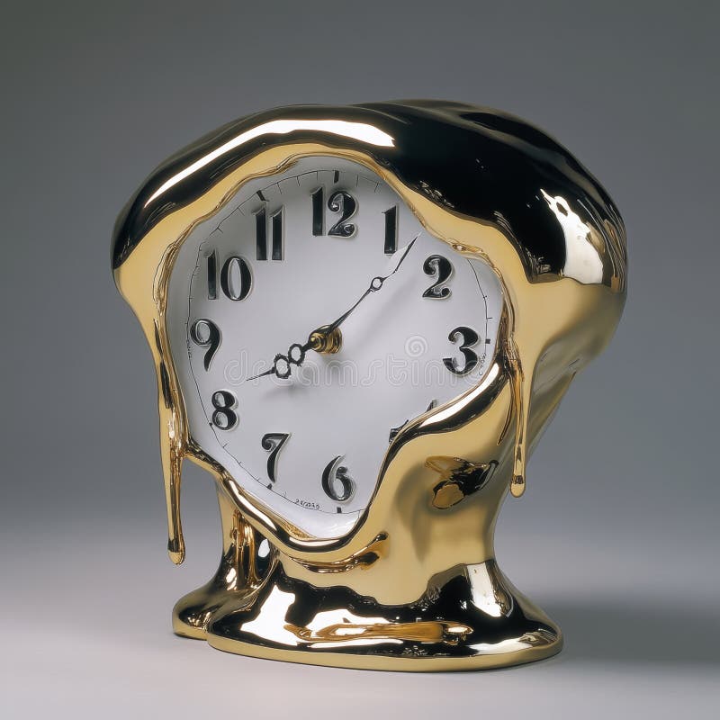 Golden Melting Clock, Illustrating Distorted Time and Surrealism, on a ...