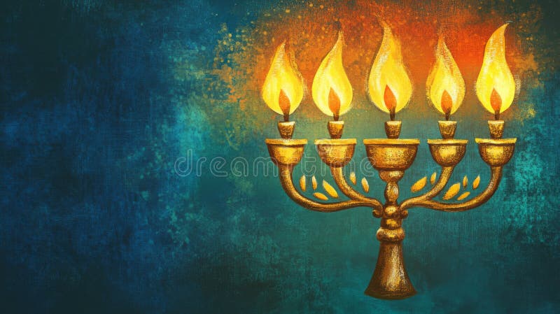 A Golden Menorah with Five Flames on a Blue and Orange Background Stock ...