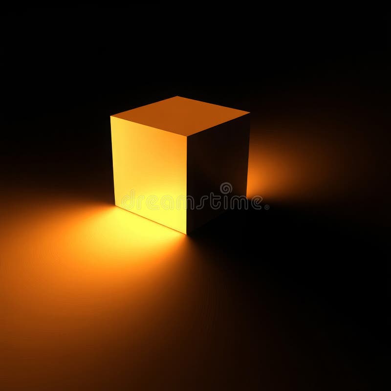 A Golden Metal Cube Standing on a Dark Surface. the Cube is Illuminated ...
