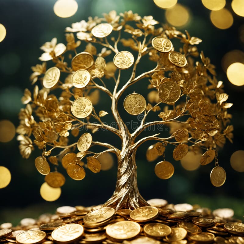 Golden Metal Tree with Coins Leaves. Generative AI Stock Illustration ...