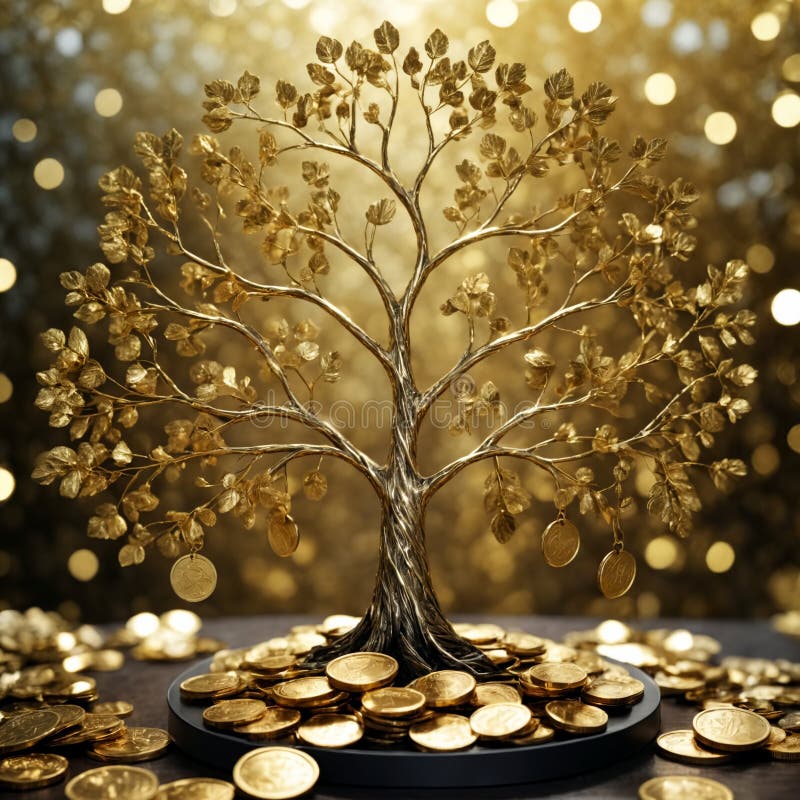 Golden Metal Tree with Coins Leaves. Generative AI Stock Illustration ...