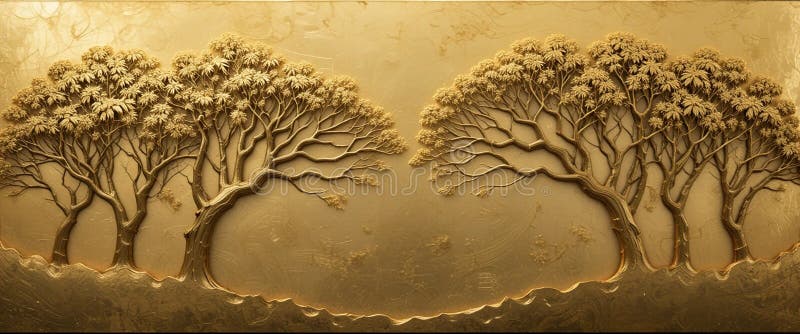 Golden Metallic Forest Silhouette with Stylized Tree Branches Stock ...