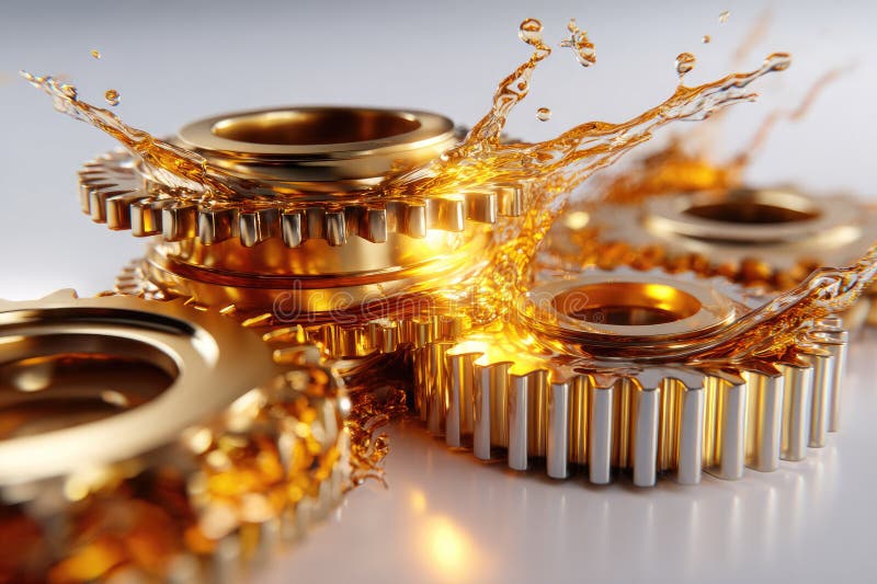 Golden Metallic Gears Rotating with a Dynamic Splash of Viscous Engine Oil. Essential ...