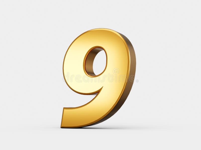 Golden Metallic Number 9 Nine, White Background 3d Illustration Stock ...