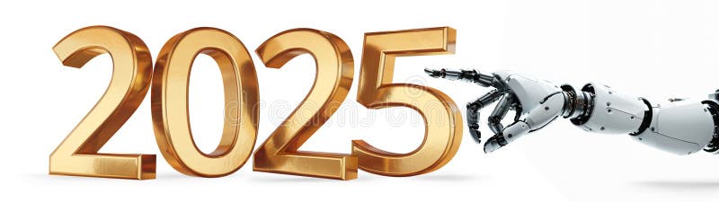 Golden Metallic 2025 and a Robot Arm with a Robot Hand Points with the ...