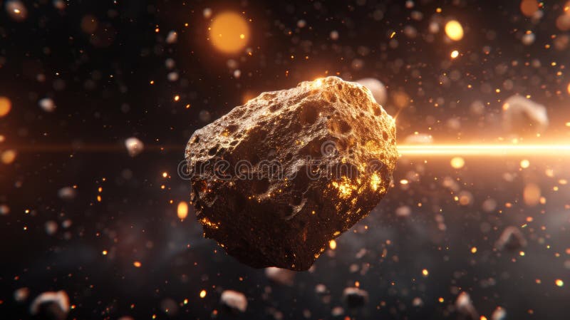Golden Meteorite in Space with Glowing Dust and Celestial Light Stock ...
