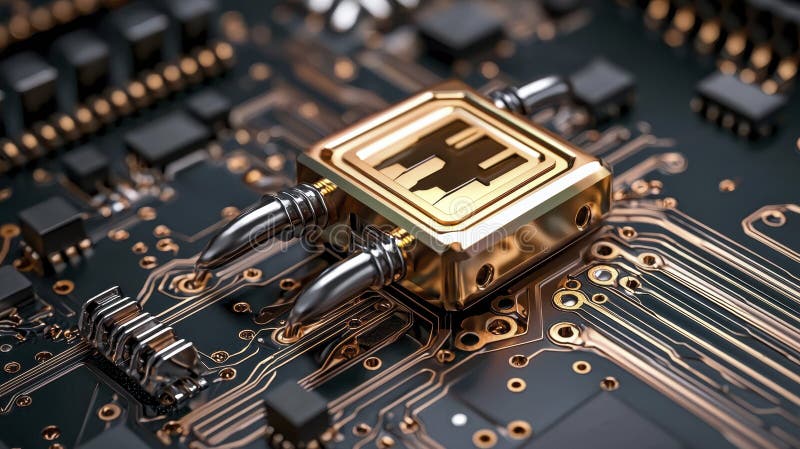 Golden Microchip on Dark Circuit Board Close Up Technology Image Stock ...