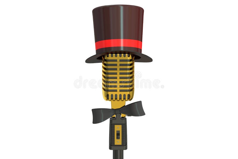 Golden Microphone with Cylinder Hat and Bow Tie, 3D Rendering Stock ...