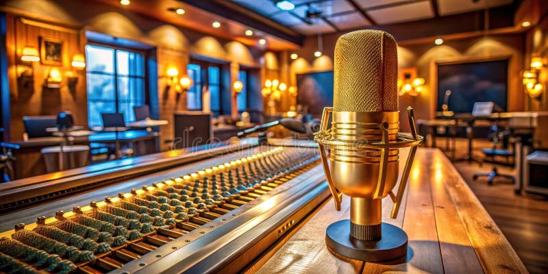 Golden Microphone on a Mixing Console in a Recording Studio. Generative ...