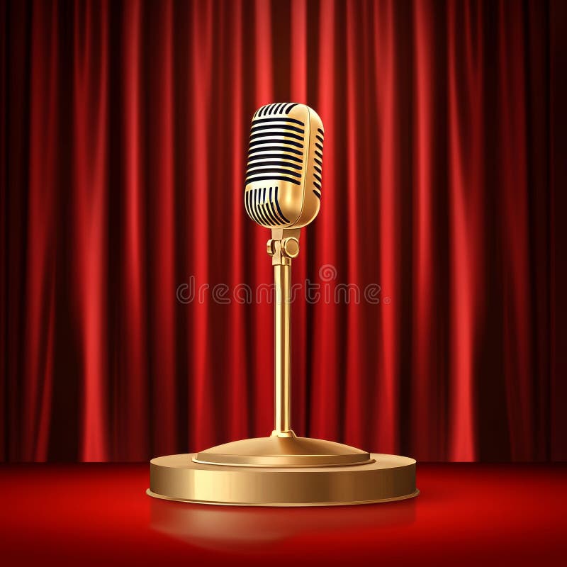 Golden Microphone on Stage with Curtain Background. Vector Illustration ...