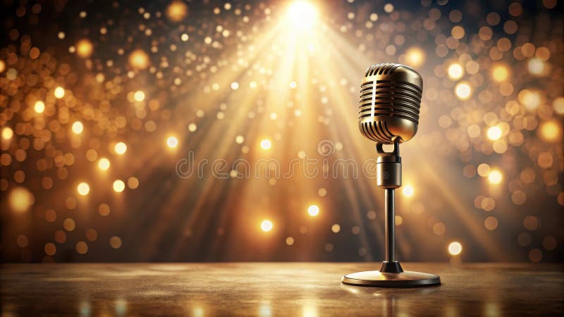 Golden Microphone on Stage with Warm Lighting and Bokeh Effects ...