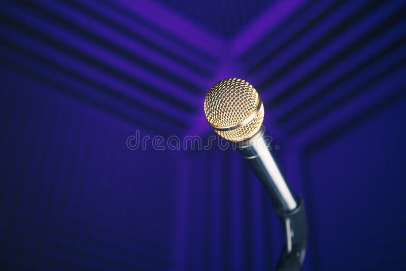 Microphone on Stand, Purple Background with Acoustic Foam Wall in ...