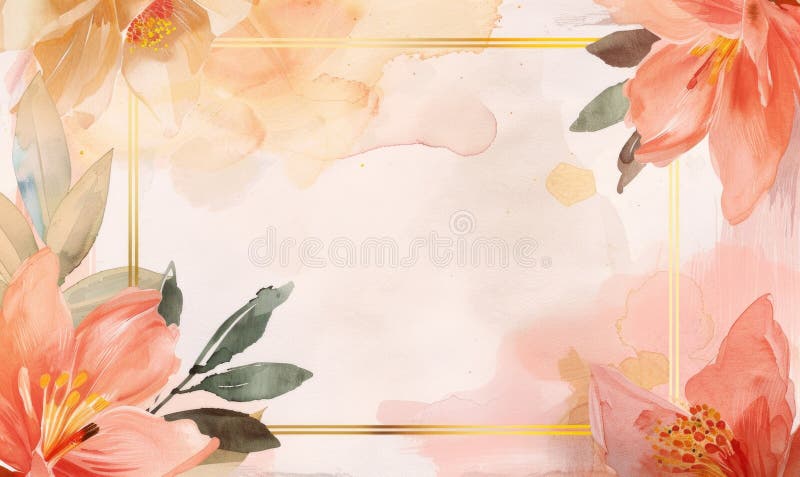 Golden Minimalistic Frame on Watercolor Floral Background Stock Image ...