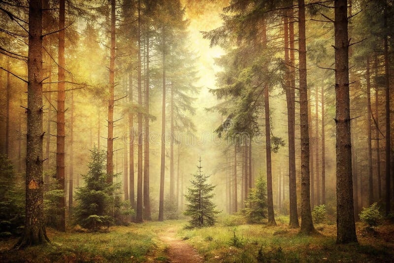 Golden Mist Forest Path stock illustration. Illustration of travel ...