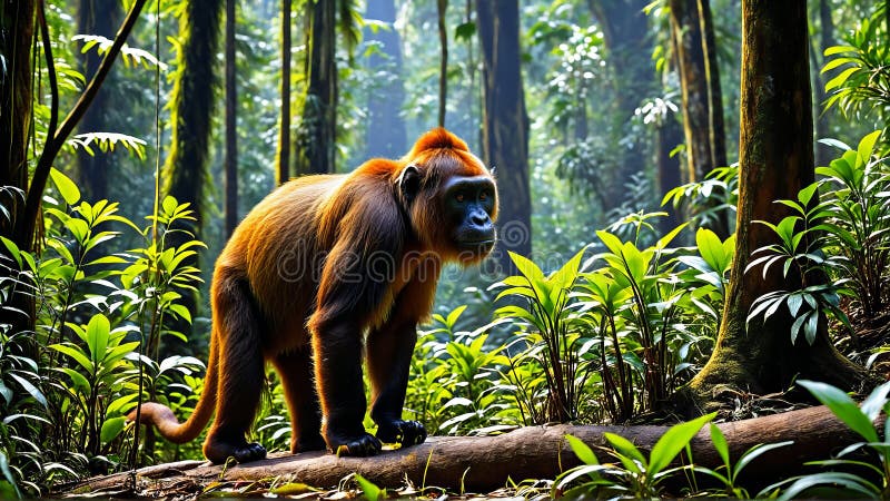 Golden Monkey in Lush Rainforest Amidst Sunlit Greenery Stock Photo ...