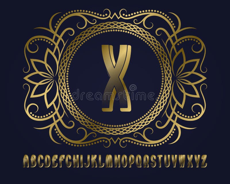 Golden Monogram Template in Round Patterned Frame with Textured ...