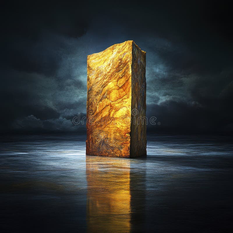 Golden Monolith in Dark Water Under Stormy Sky Stock Illustration ...