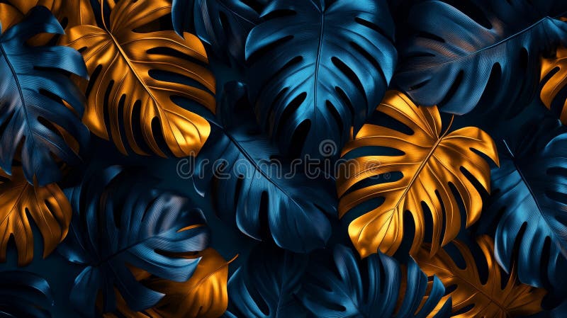 Golden Monstera Leaves are Highlighted Against a Dark Background Stock ...