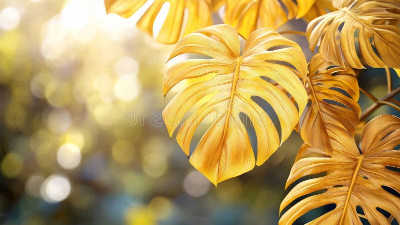 Golden Monstera Leaves Shine Brightly in the Darkness Stock Photo ...