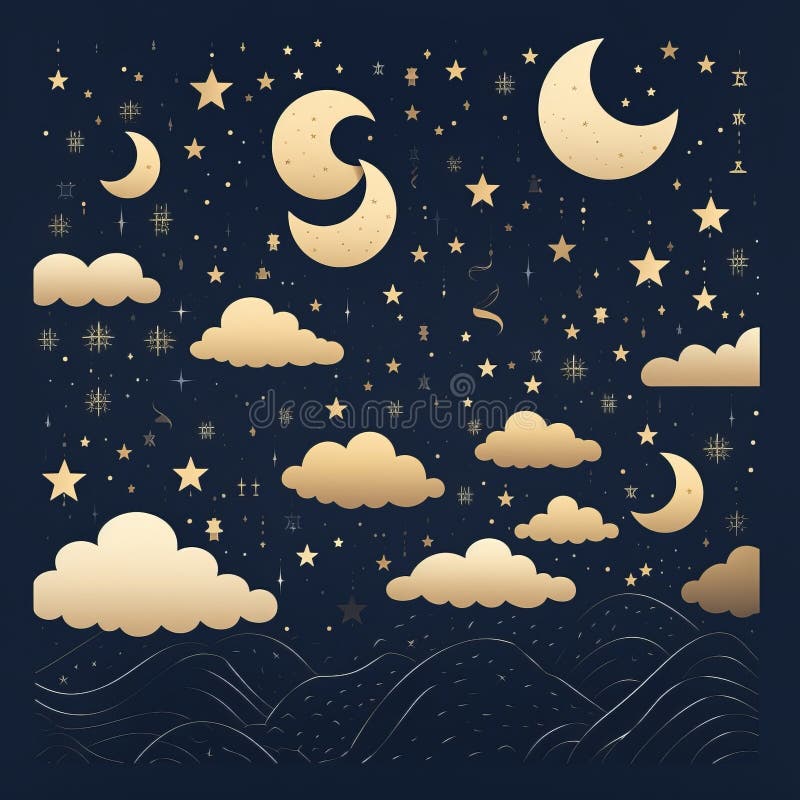 Golden Moon and Stars in the Night Sky Stock Illustration ...