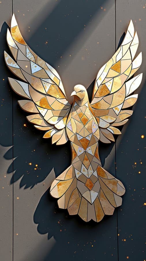 Golden Mosaic Dove Sculpture on Dark Background with Light Reflections ...