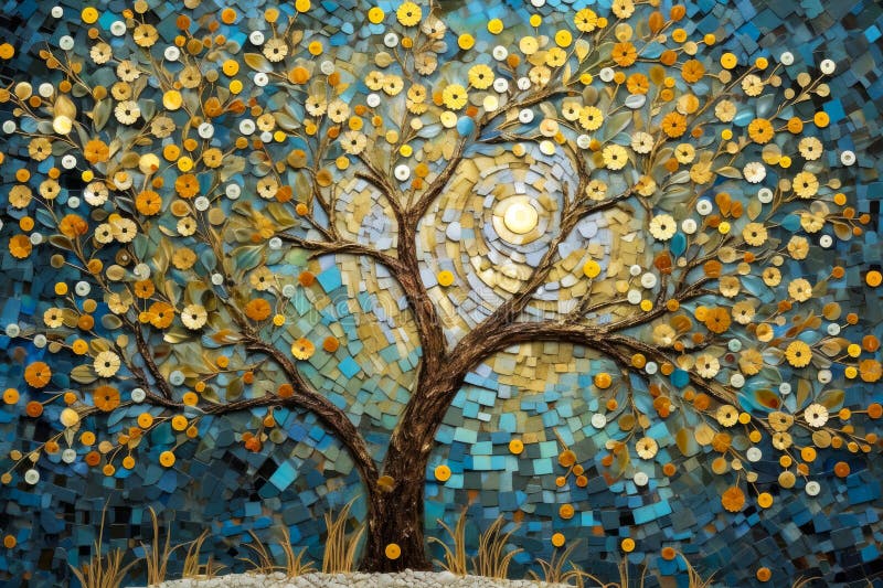 Autumn Mosaic Tree of Life Artwork . Stock Illustration - Illustration ...