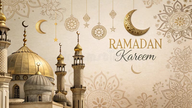 Golden Mosque, Ramadan Kareem Greeting Stock Illustration ...