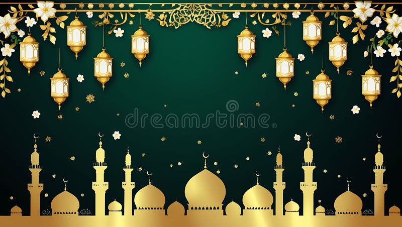 Golden Mosque Silhouette with Lanterns and Floral Decorations on a ...