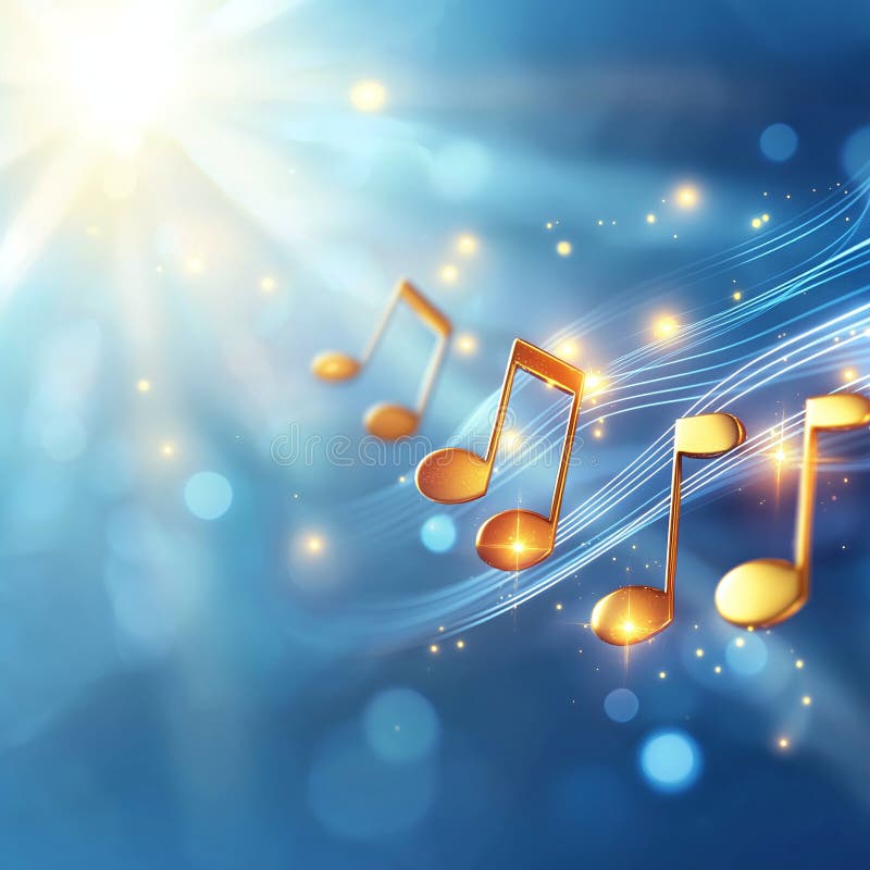 Golden Music Notes on Blue Background with Rays of Light Create Vibrant ...