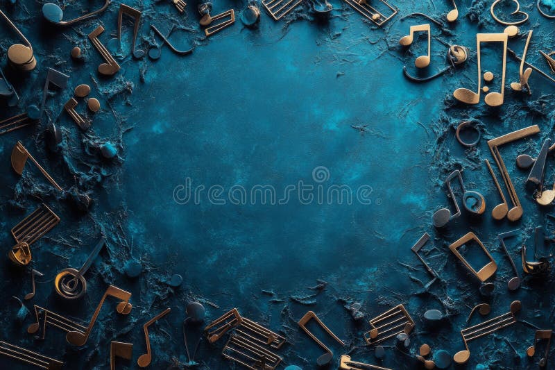 Golden Music Notes Framing a Deep Blue Textured Background. Copy Space ...