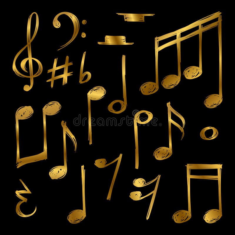 Golden Music Notes and Signs Isolated on Black Background Stock Vector ...
