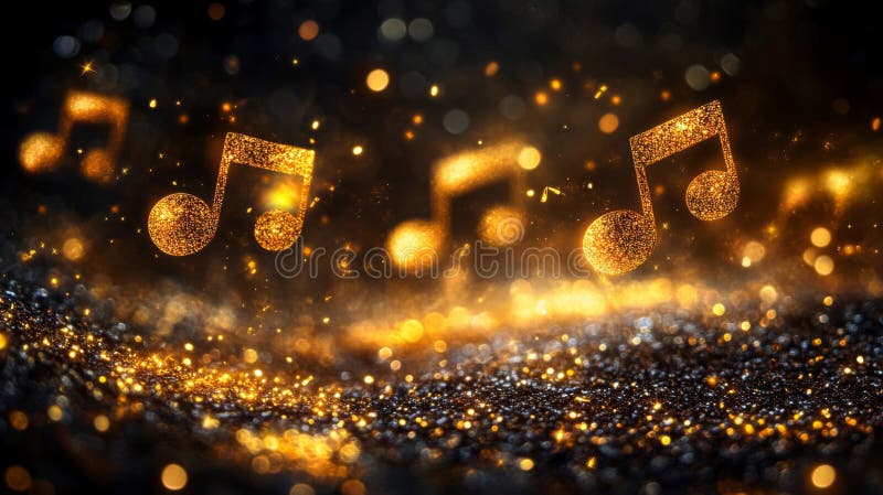 Golden Music Notes Sparkle on Dark Glitter Background Stock ...