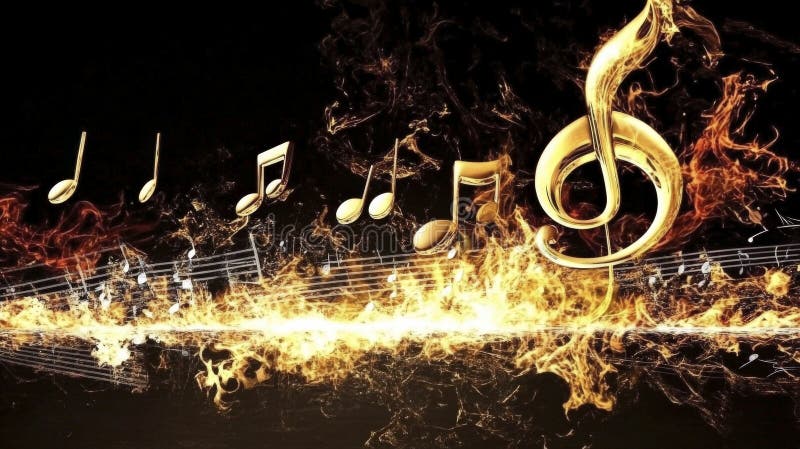 Golden Music Notes Surrounded by Dramatic, Blazing Fire Stock ...