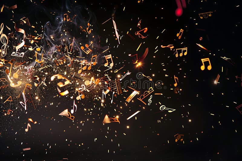 Golden Musical Notes Exploding in a Sparkling Night Sky Stock ...