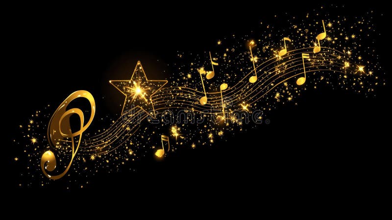 Golden Musical Notes and Glowing Star on Black Background Stock ...