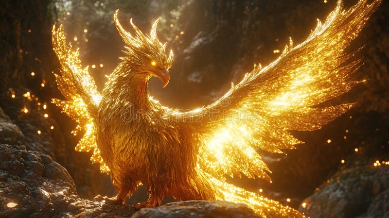 Golden Mythical Bird, Majestic Creature, Glowing in a Mystical Cave ...