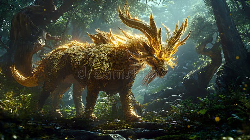Golden Mythical Creature with Antlers in a Forest Stock Illustration ...